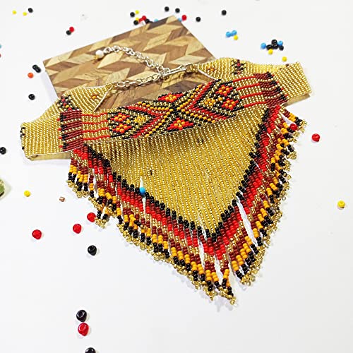 Native American Style Beaded Necklaceā Ukrainian beaded Necklace Native Handmade Seed Bead Necklace,Tribal ethnic beaded necklace (Golden)