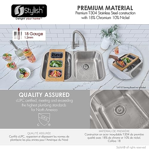 STYLISH 31 1/4 x 18 inch Drop-in or Undermount Stainless Steel Double Bowl Kitchen Sink with Standard Strainers, S-200T