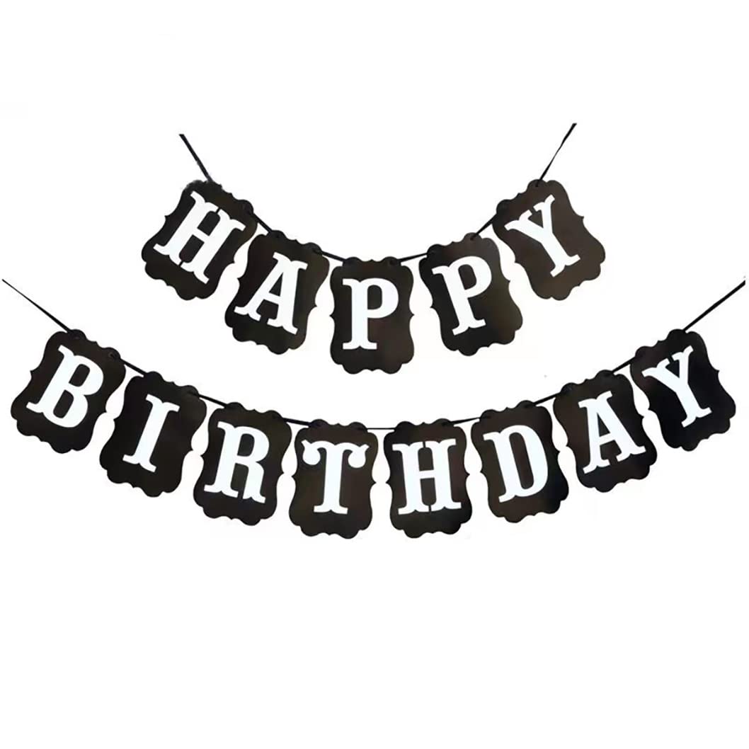 Large Black Happy Birthday Banner, Happy Birthday Bunting Sign with White Letters, Happy Birthday Decorations for Boys Women Men