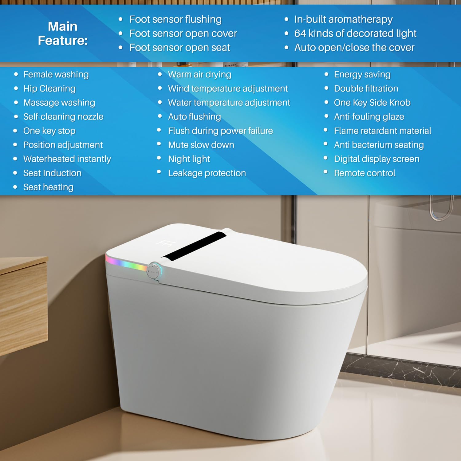 Smart Bidet Toilet with Heated Water/Adjustable Washing Settings/Air Dryer/LED-light, One Piece Bidet-Toilet with Remote Control/Auto Open Cover