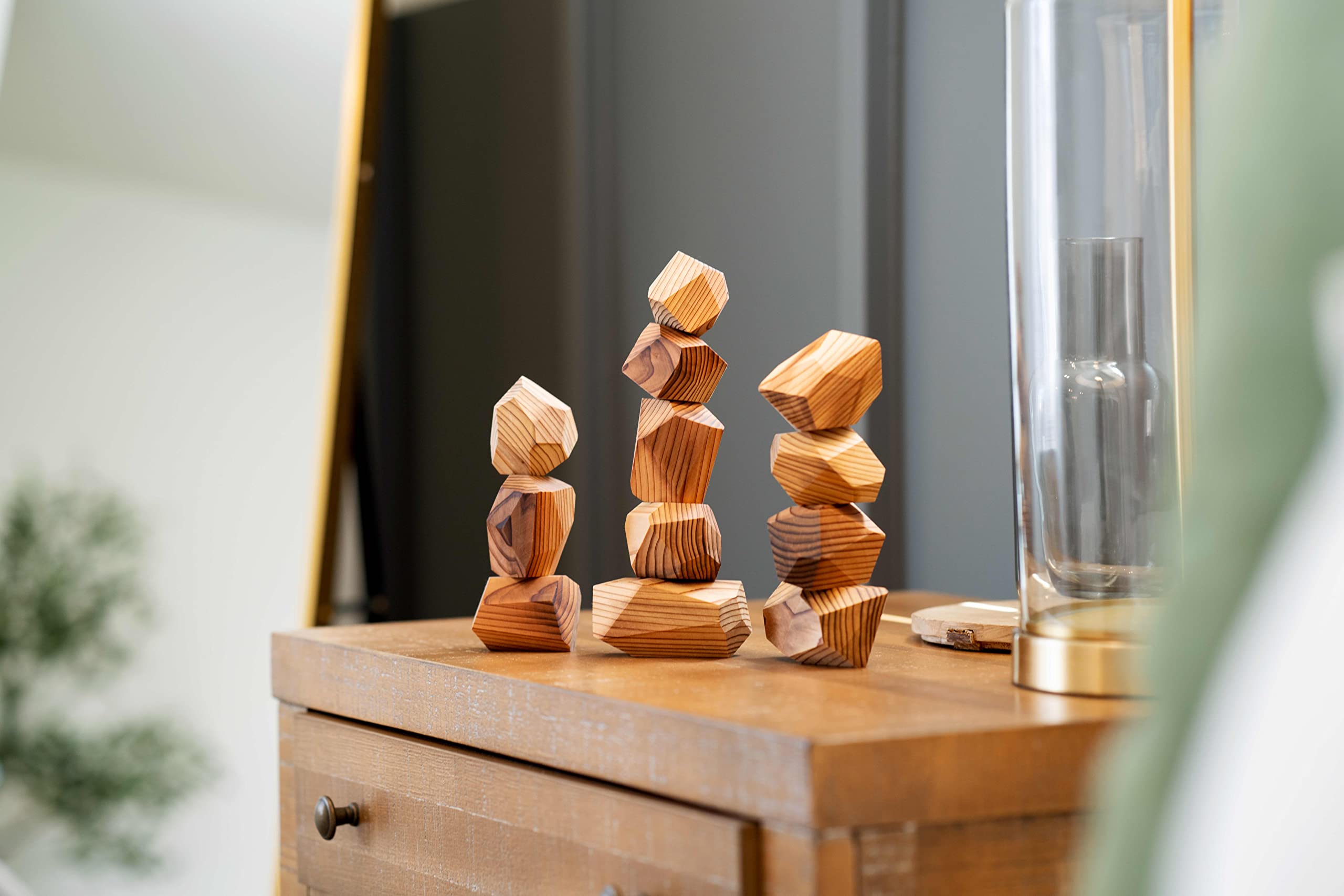 PERCHED Natural Cedar Stacking Rocks, Large Wooden Blocks, Montessori Puzzle Game, Toddler Toys For Classroom, Wood Balancing Stones Set (12 Pc)