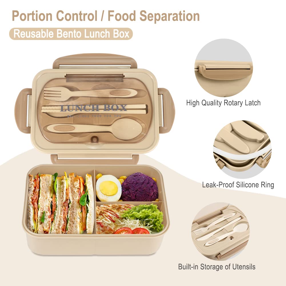 NatraProw Bento Box for Adult, 1200 ML Lunch Containers, LeakProof Lunch Box with Utensils, BPA Free, 3 Compartment Bento Box Microwave Safe, Khaki