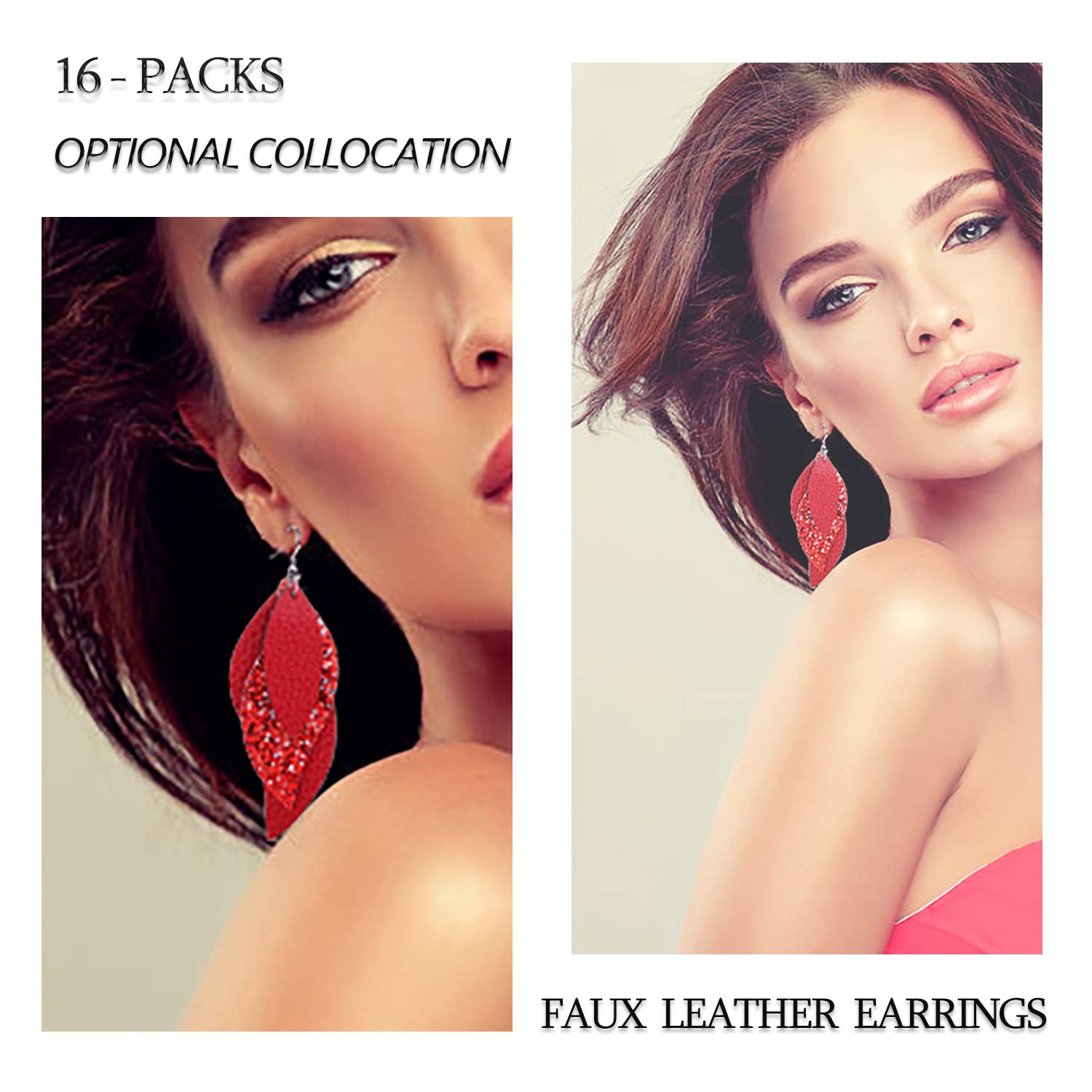Honsny 16 Pairs Lightweight Leather Earrings for Women 3 Layered Faux Leather Leaf Earrings S Design Drop Dangle Earring Set