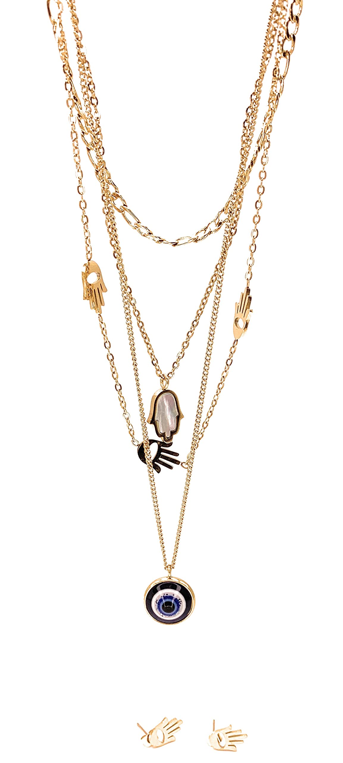 Multi Layered Hamsa Evil Eye Round Pendant Stainless Steel