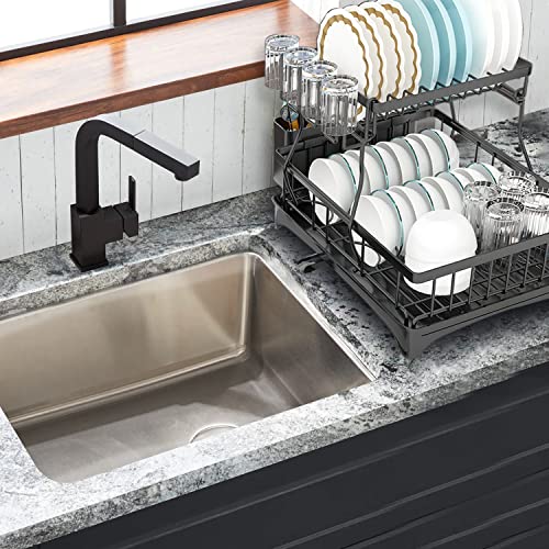 NIUXX Large Dishes Drying Rack Drainboard Set, 2 Tiers Stainless Steel Drainers Holder with Drainage Tray, Kitchen Counter Dish Dryer with Detachable Wine Glass Markcups Utensil Holder, Ideal Gift