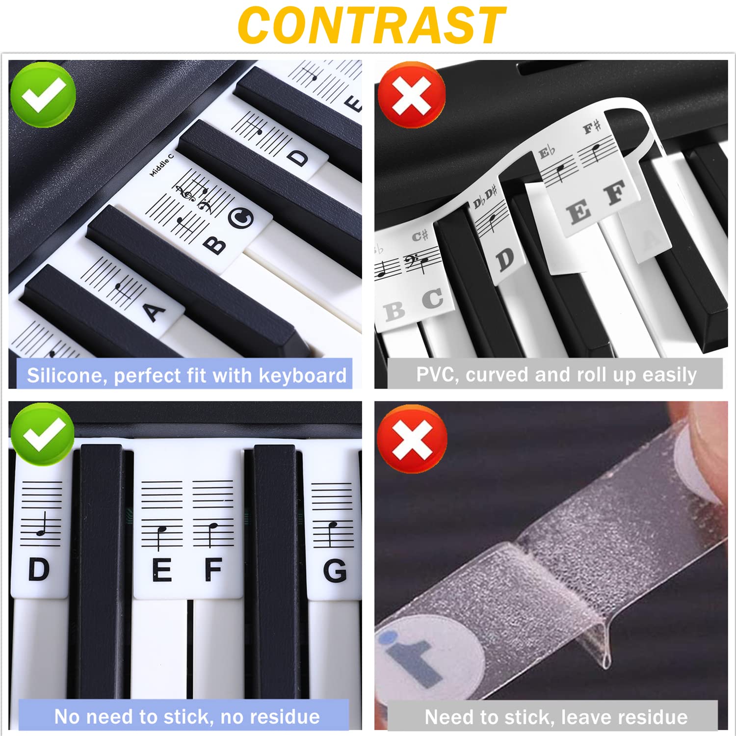 Piano Key Notes Guide for Beginners, [No Need Stick] Removable Silicone Piano Keyboard Note Labels Overlay for Learning, Reusable Piano Key Stickers for Full Size 88 Key Pianos(Classic Black)