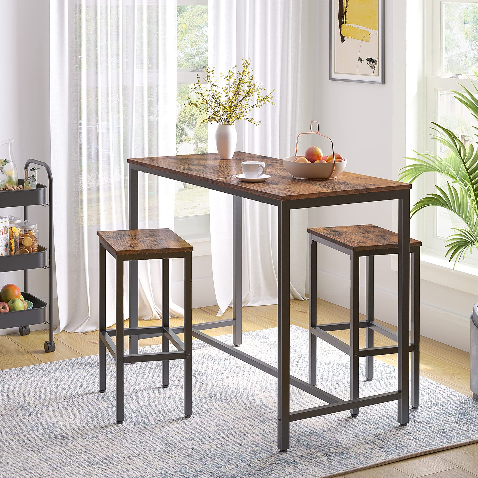 HOOBRO Bar Table and Bar Stools Bundle,47.2β Rectangular Pub Table, Dining Table for Living Room,Set of 2 Counter Height Saddle Stools,BF50BT01-WG05MD01