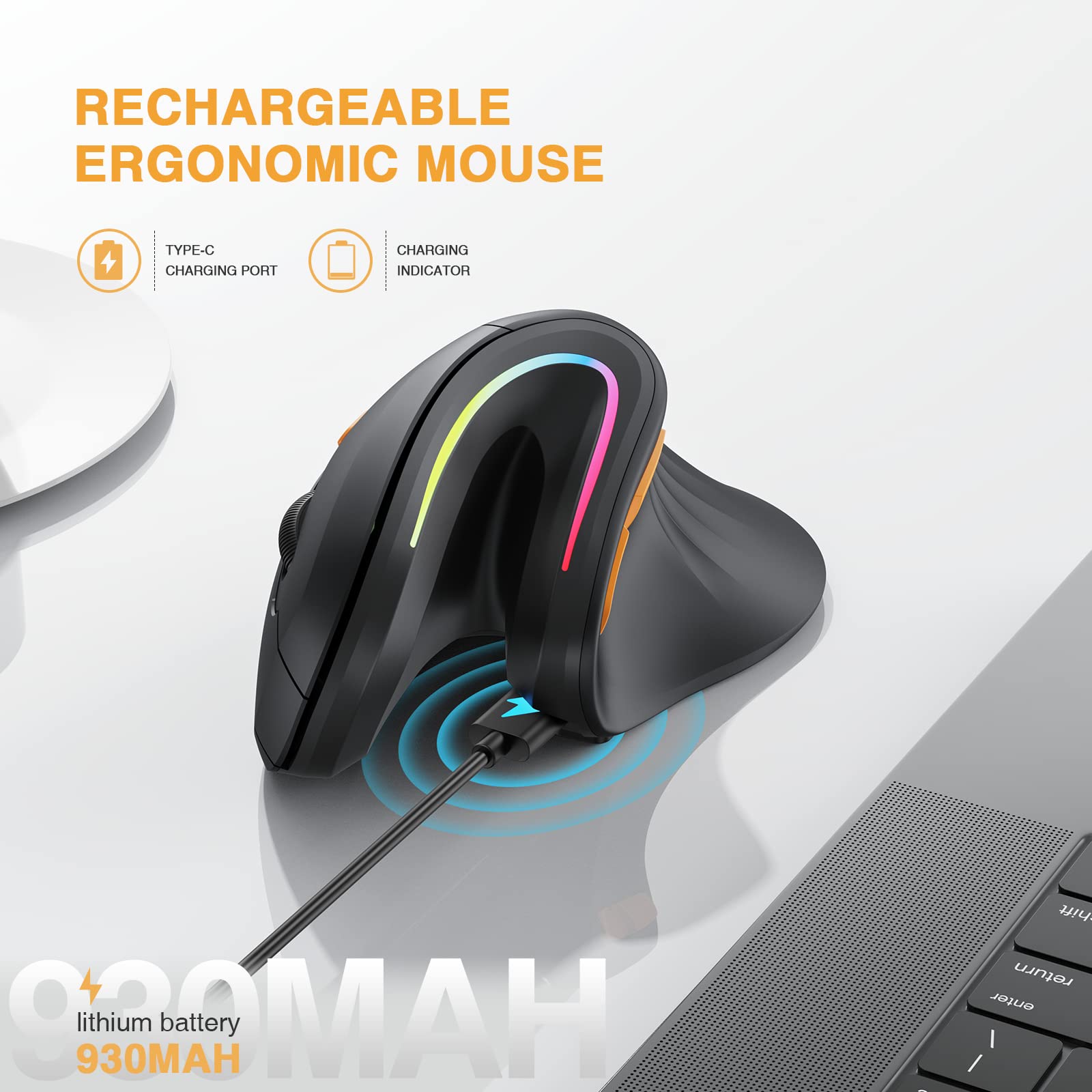 ProtoArc Ergonomic Mouse Wireless, EM11 Bluetooth Vertical Ergo Mouse, Rechargeable, 2.4G RGB Optical Vertical Mice with 3 Adjustable DPI, 3-Device Connection for PC, iPad, Mac, Windows (Black)