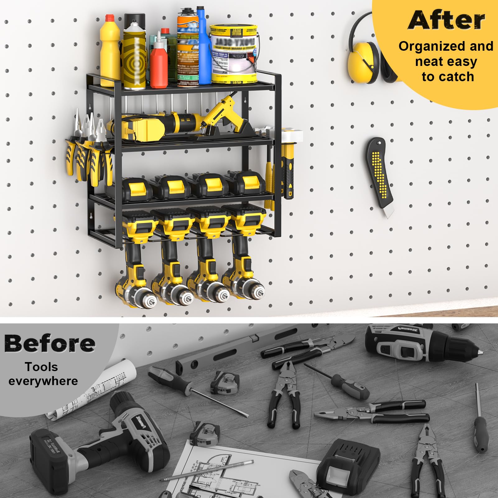 SPACECARE Power Tool Organizer,4 Drill Holders Wall Mount, 4 Layers Garage Organization Floating Cordless Drill Holder Heavy Duty Tool Organizers Utility Rack Floating Tool Shelf for 4 Drill Holders