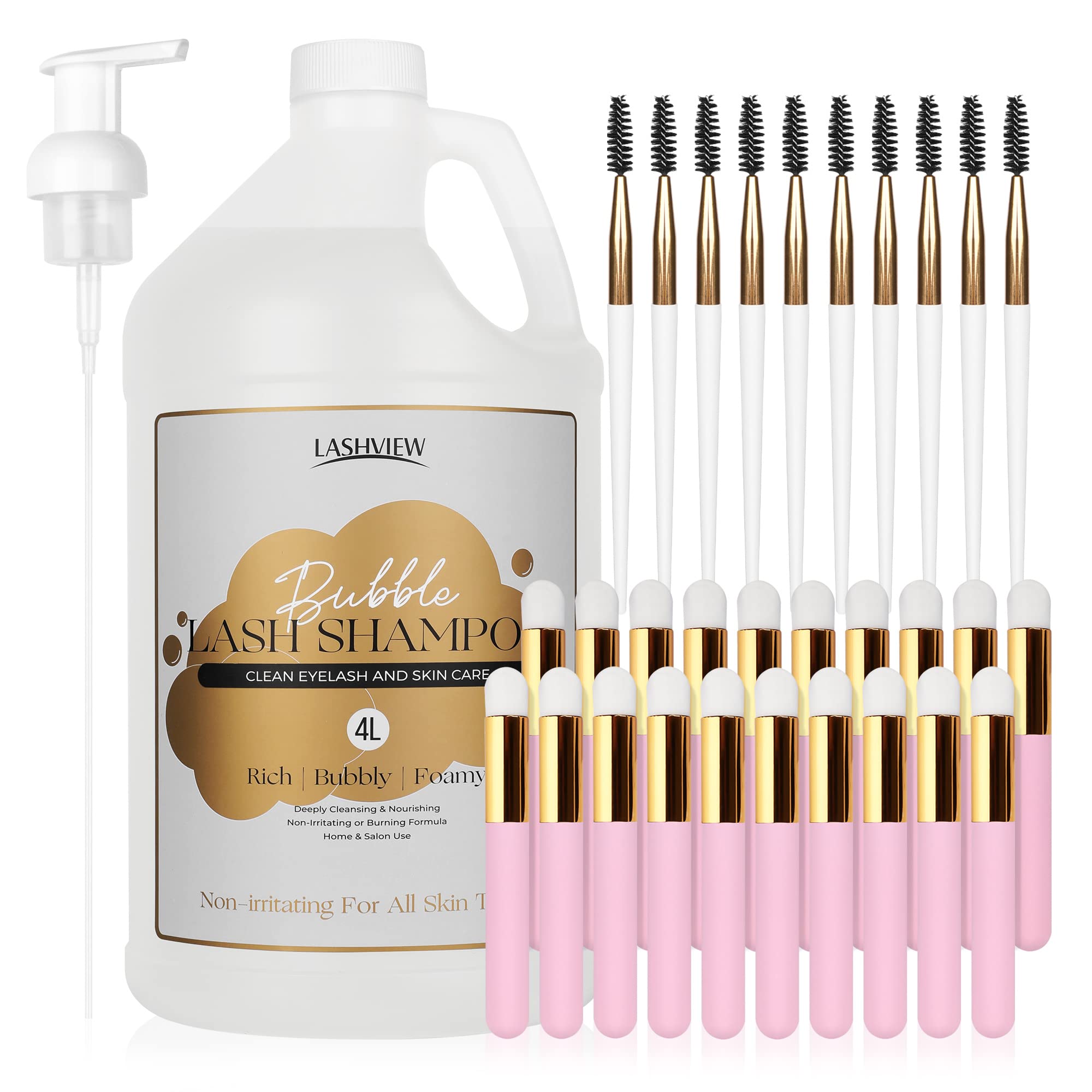 LASHVIEW Lash Shampoo,Eyelash Extensions Cleanser,4L with Brush,Eyelid Foaming Cleanser,Gentle Formula without Irritation, Easy to Use and Rinse,For Home Use and Salon