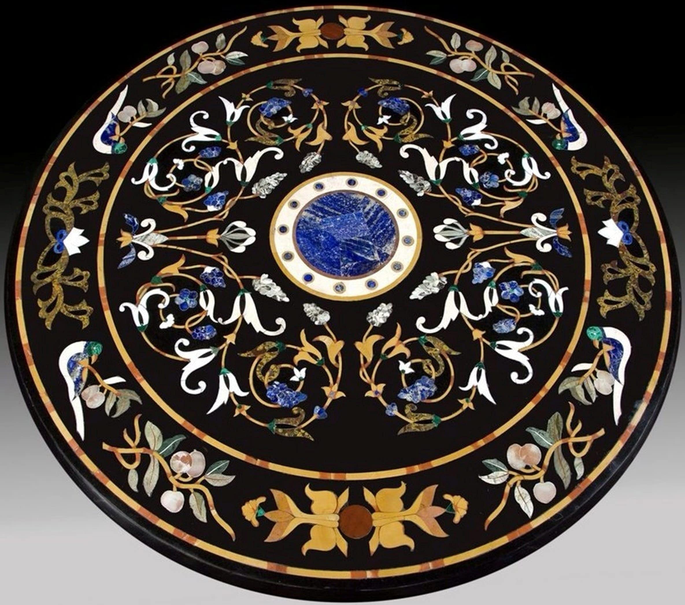 Natural Black Marble Round 24" x 24" Inch Coffee Table Top, Pietra Dura Semi Precious Stones Inlay Centre Table Top, Patio Table Top, Side Table Top, Piece Of Conversation, Family Heir Loom