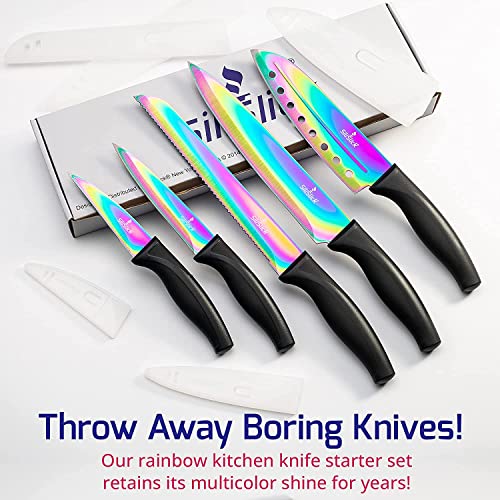 Kitchen Knife Set Kit, 5 Dishwasher Safe Colorful Knives, Knife Sharpener & Magnetic Wall Bar, Titanium Non Stick Plating Stainless Steel