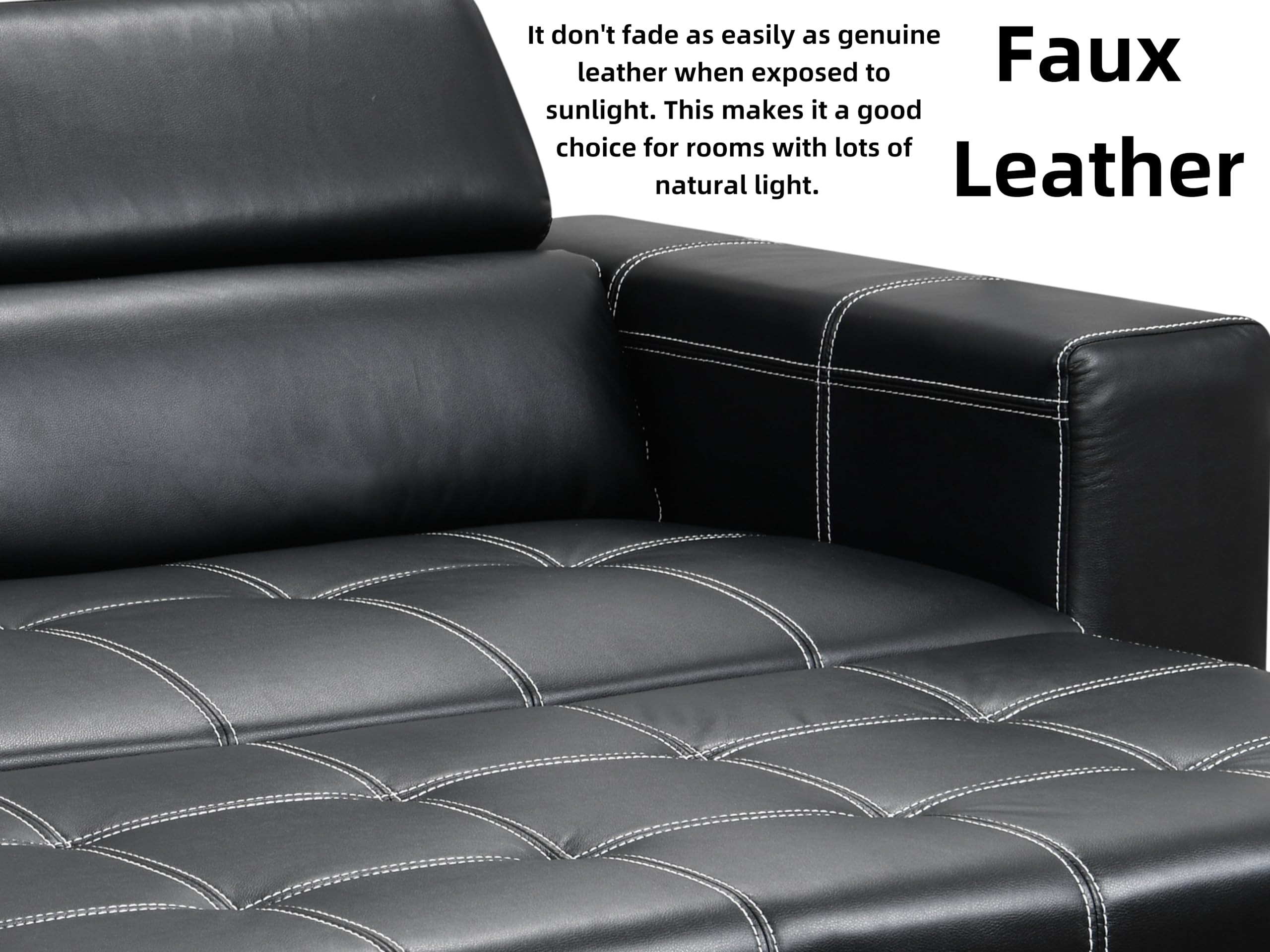 ZIGHTH 88 inch Oversized Breathable Leather Sofa with Adjustable Headrest, Modern Breathable Leather Couch Loveseat with Pull Out Chaise Lounge, Black Leather Sofa for Living Room, Apartment (Black)