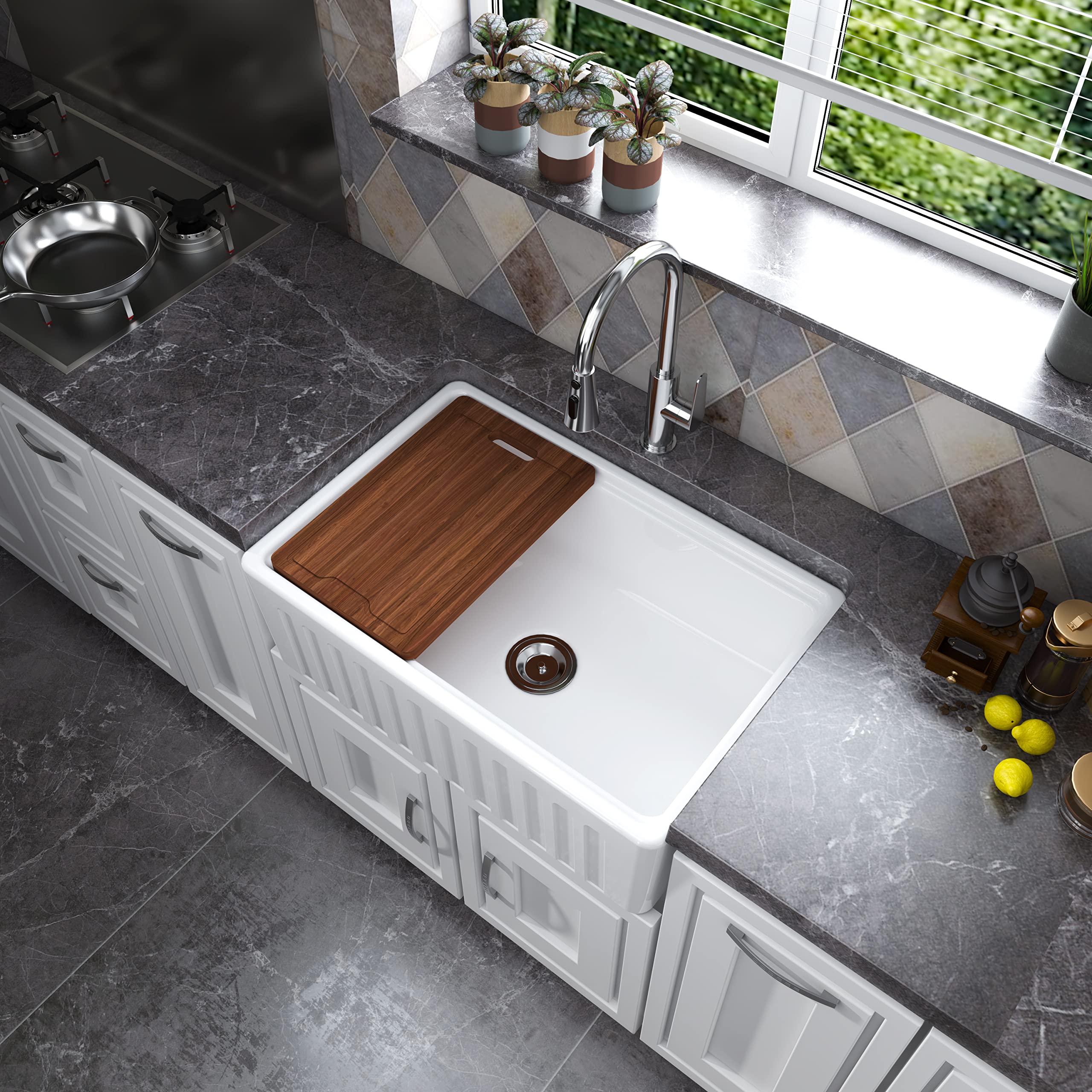 MEJE #KS 30x20 inch Apron-front Step Rim Workstation Farmhouse Kitchen Sink,Ceramic Single Bowl with Cutting Board,Grid & Strainer - White