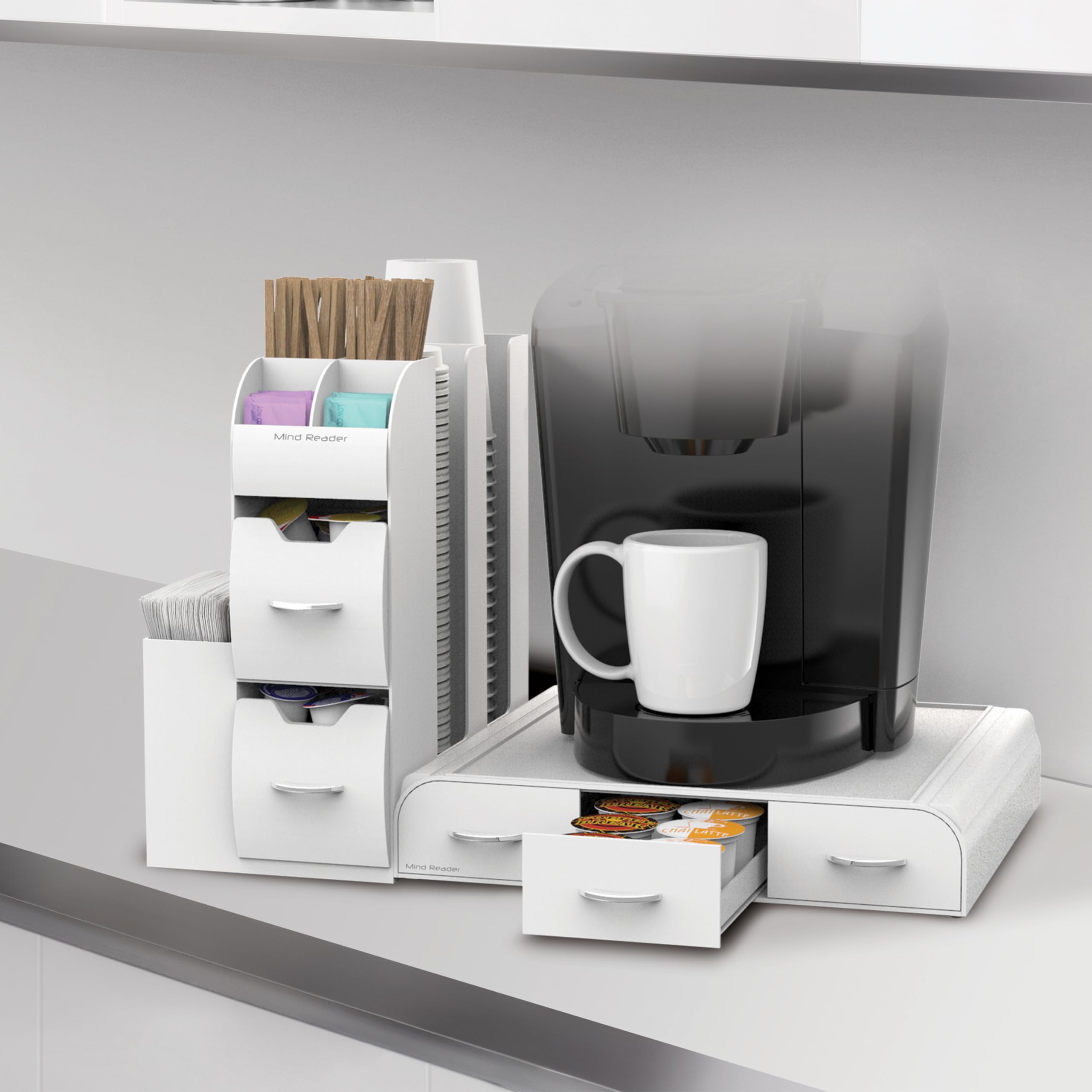 Mind Reader Single Serve Coffee Pod Drawer and Cup Condiment Set, 36 Pod Capacity, 5.35"L x 11.25"W x 11.15"H, 2 Pcs., White
