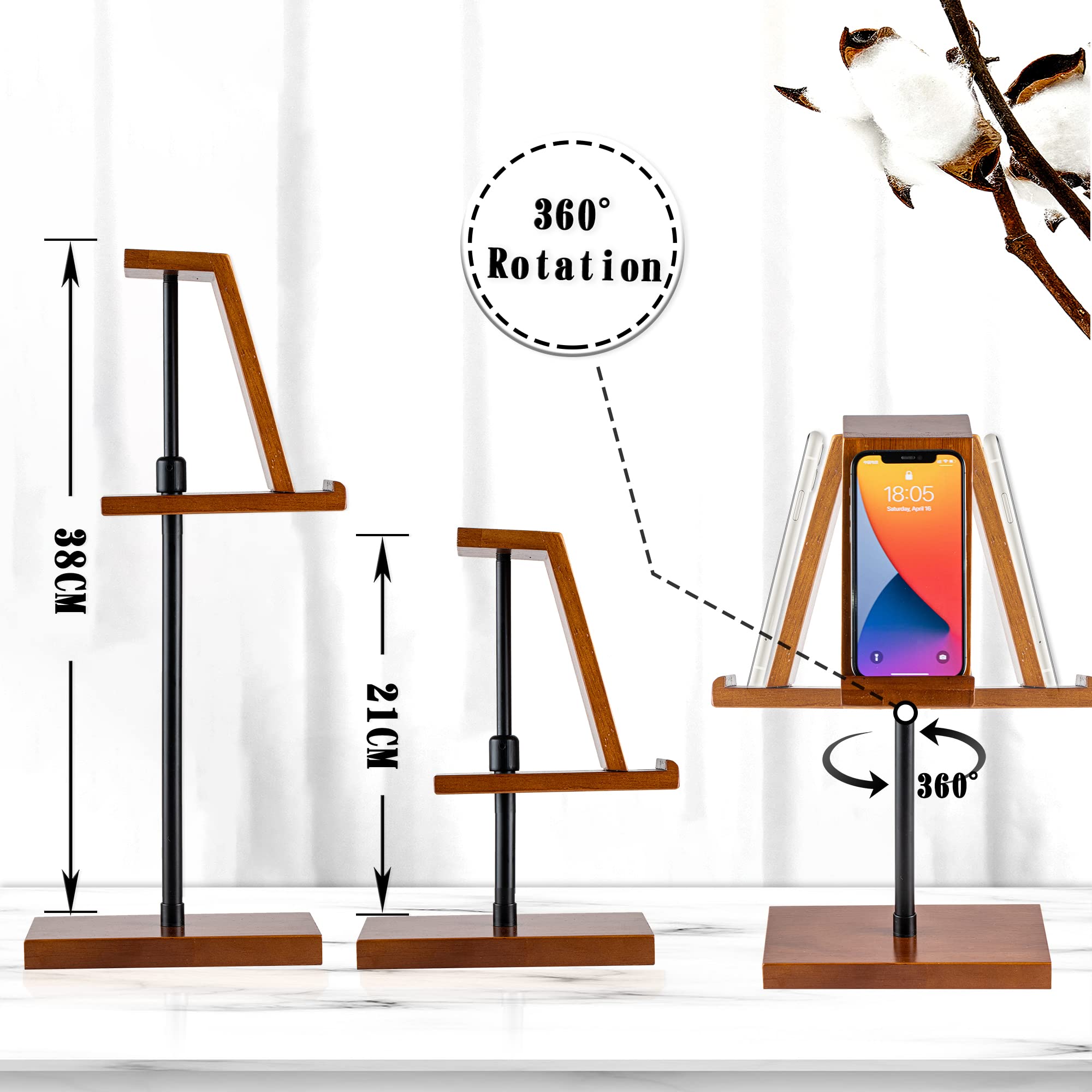 Shevvi Wood Tablet Stand, Cell Phone Stand Holder with Height Adjustable 360 Degree Rotation, Walnut Wood Charging Dock for Desk, Compatible with iPad iPhone Kindle Reader Bigger Sized Tablets
