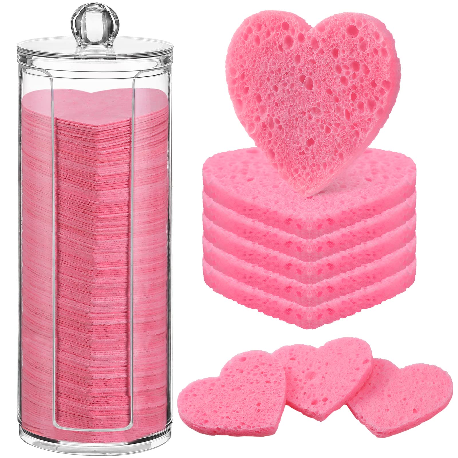 Sieral 120 Pcs Compressed Facial Sponges with Container Face Sponge Disposable Sponge Pads for Washing Face Cleansing Exfoliating Esthetician Makeup Removal(Pink, Heart)