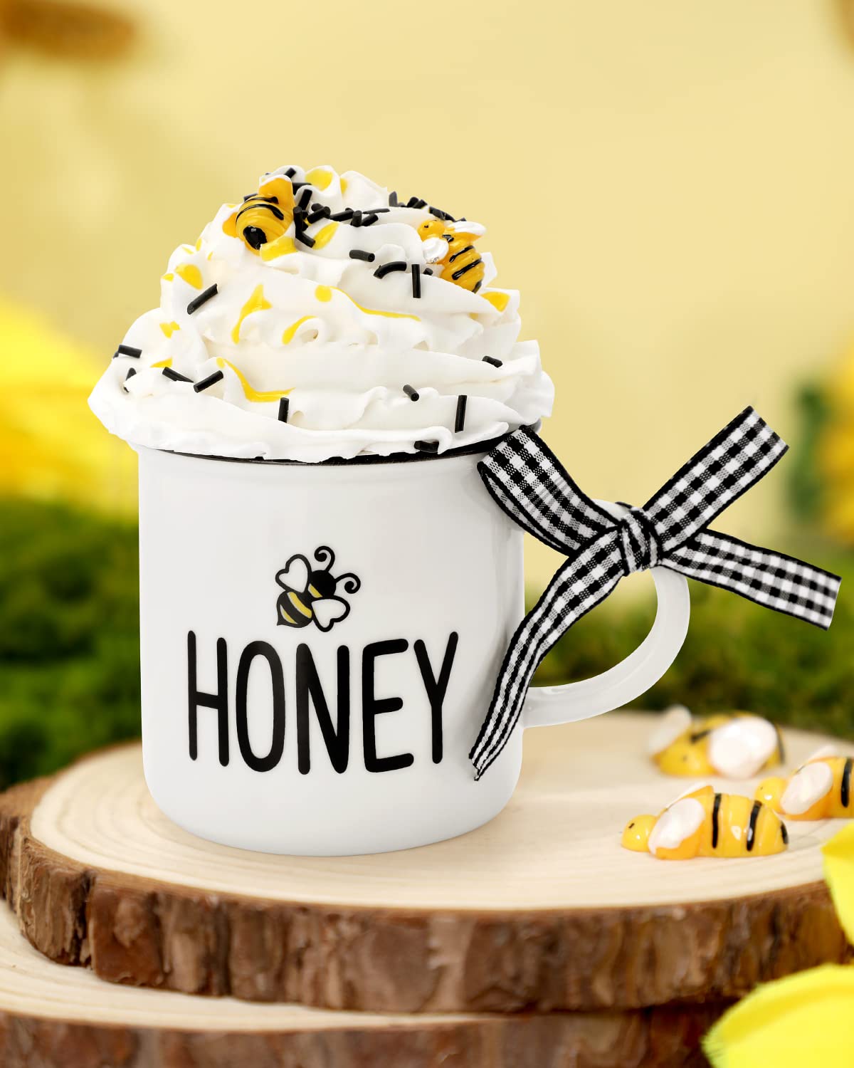 Nefelibata Farmhouse Bumble Bee Tiered Tray Decoration Honey Mini Coffee Mugs with Faux Bee Whipped Cream Toppers Spring Summer Coffee Bar Table Decor Cute Bee Day Party Photo Prop