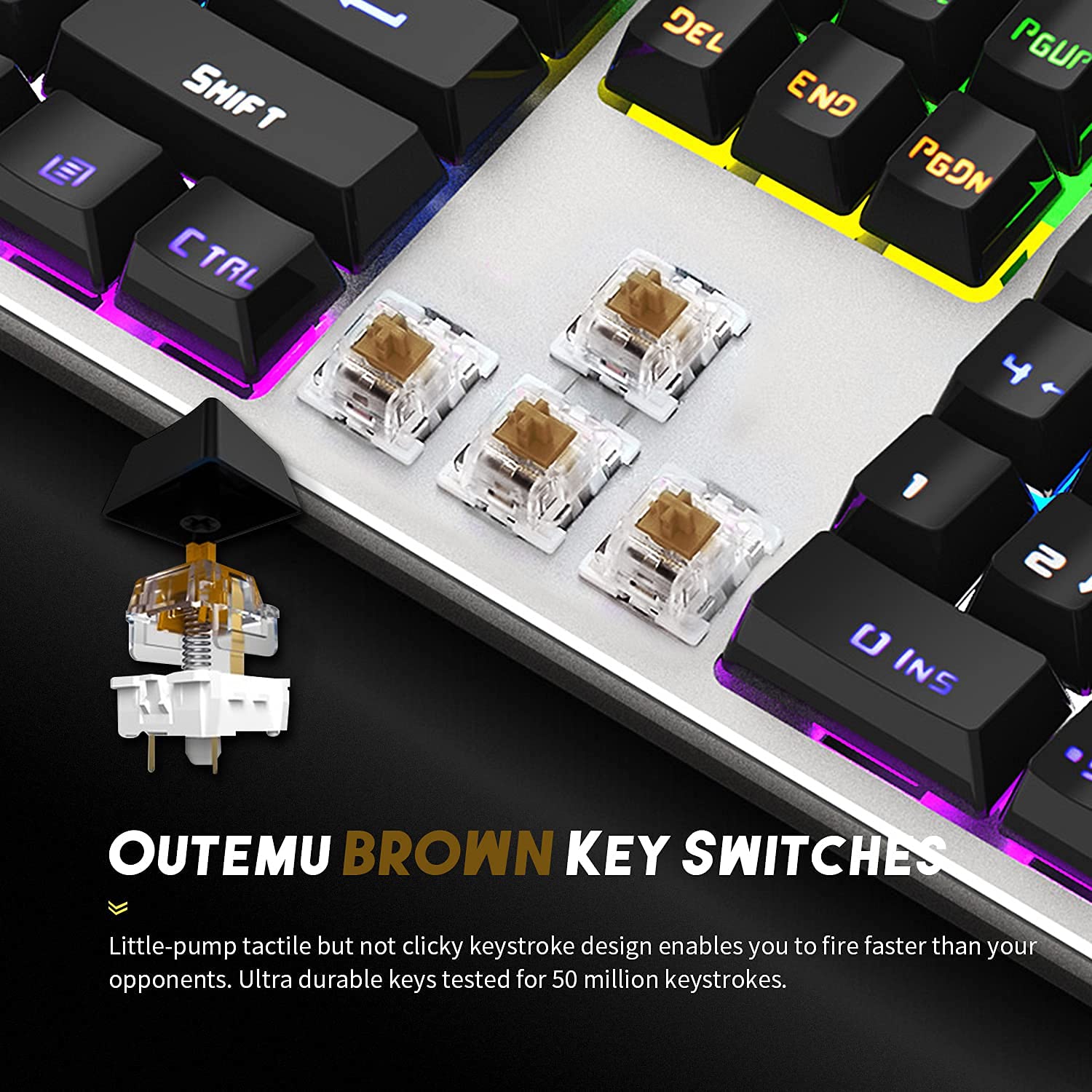 Kitcom NK30 Full Size Mechanical Gaming Keyboard with LED Rainbow Backlit, Anti Ghosting USB Wired Keyboard with Brown Switch Double-Shot Key caps, Ergonomic design, for Windows PC Gamers, 104 Key