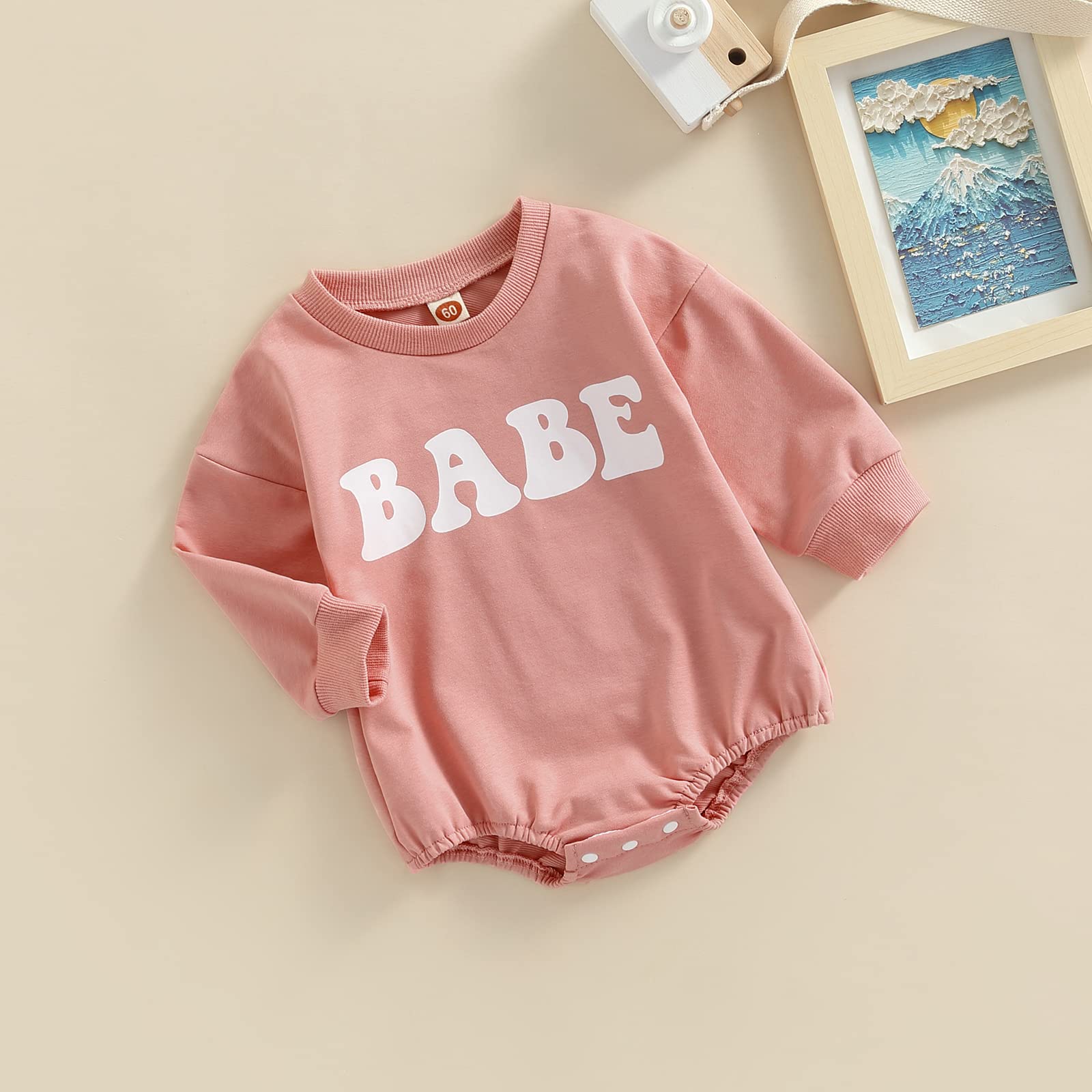 Newborn Baby Girl Boy Clothes Crewneck Sweatshirt Romper Babe/Rainbow Pullover Sweater Shirts Oversized Fall Clothes (Babe-Pink, 0-3 Months)