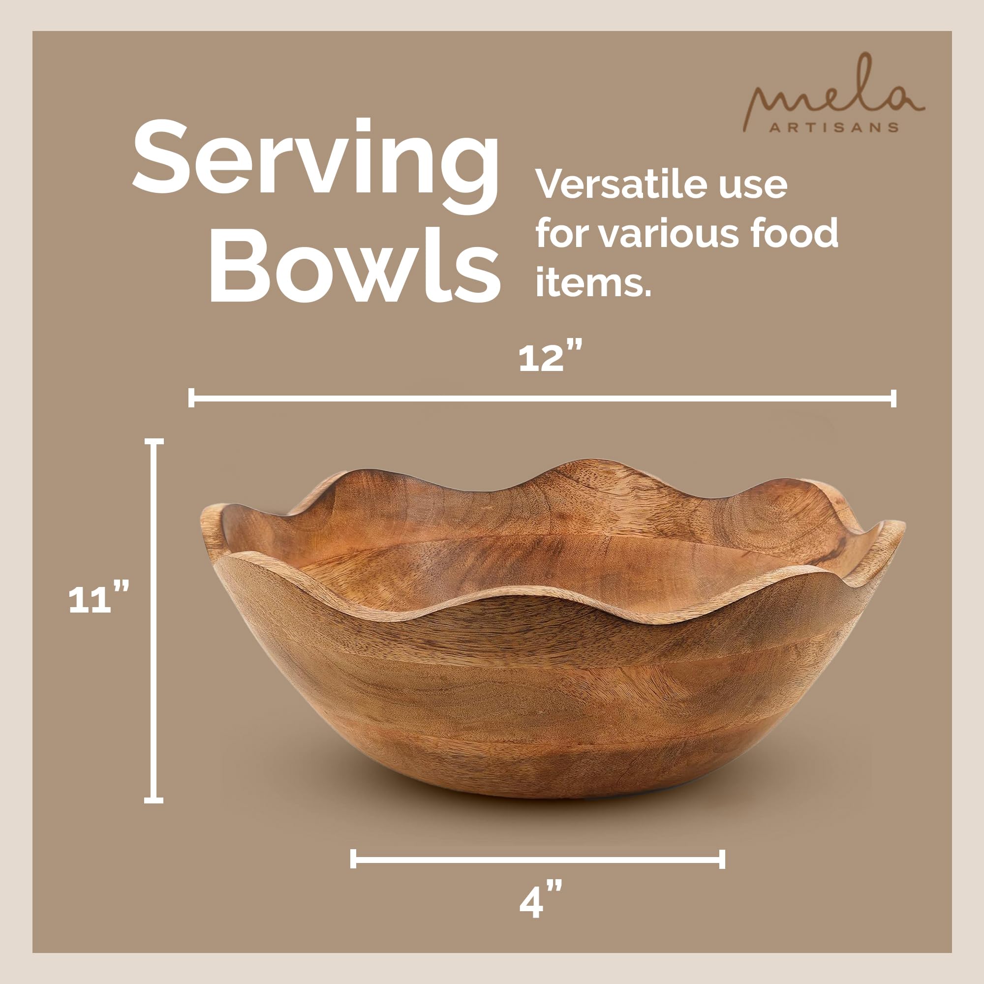Mela Artisans Wooden Scalloped Bowl - Large | Ruffle Decorative Style | Rustic Kitchen Decor | Mango Wood | Natural Grain Finish | Fits Bread, Fruits, Salad or Popcorn | 12β x 4β x 11β