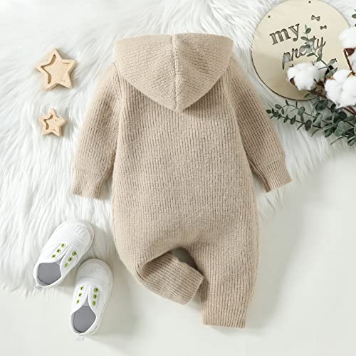 SHIBAOZI Infant Boys Girls Wool Knit Hooded Romper Long Sleeve Solid Button-Down Baby Winter Clothes Warm Outwear (Khaki, 9-12 Months)