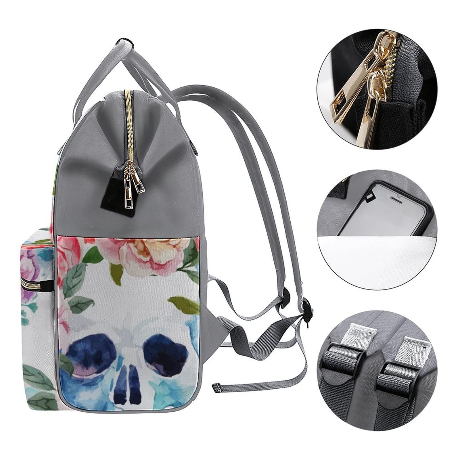 Skull and Flowers Day of The Dead Diaper Bag Backpack Large Capacity Mommy Bags Multifunction Nappy Bag Travel Back Pack Gray-Style