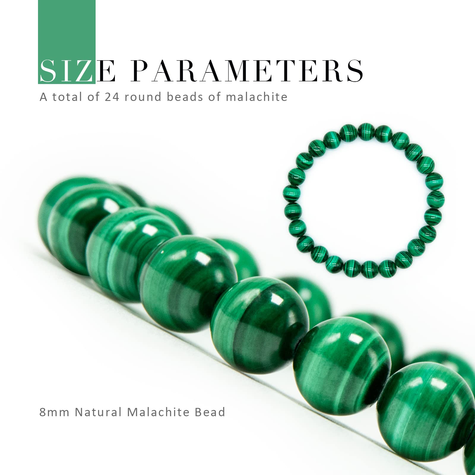 Rose&Poem Natural Malachite Bracelet, Handmade Gemstone Beaded Stretch Bracelets, 8mm Crystal Beads Semi-Precious Jewelry
