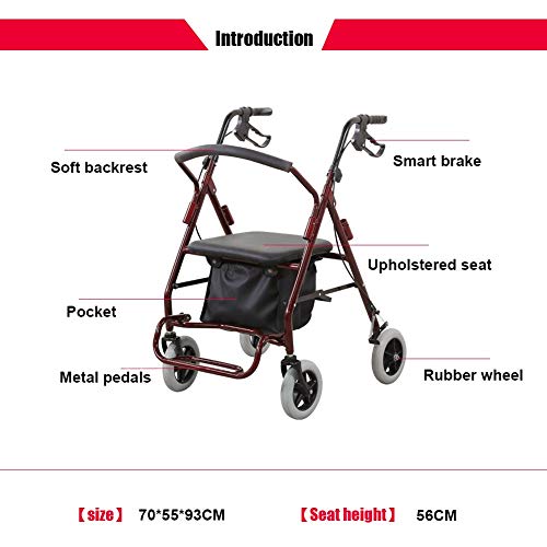 Rollator Walker Wheelchair - 2 in 1 Rolling Walker Transport Chair for Seniors - Folding Walking Aid with Seat - Supports 100kg/220lbs(Colour: Red)