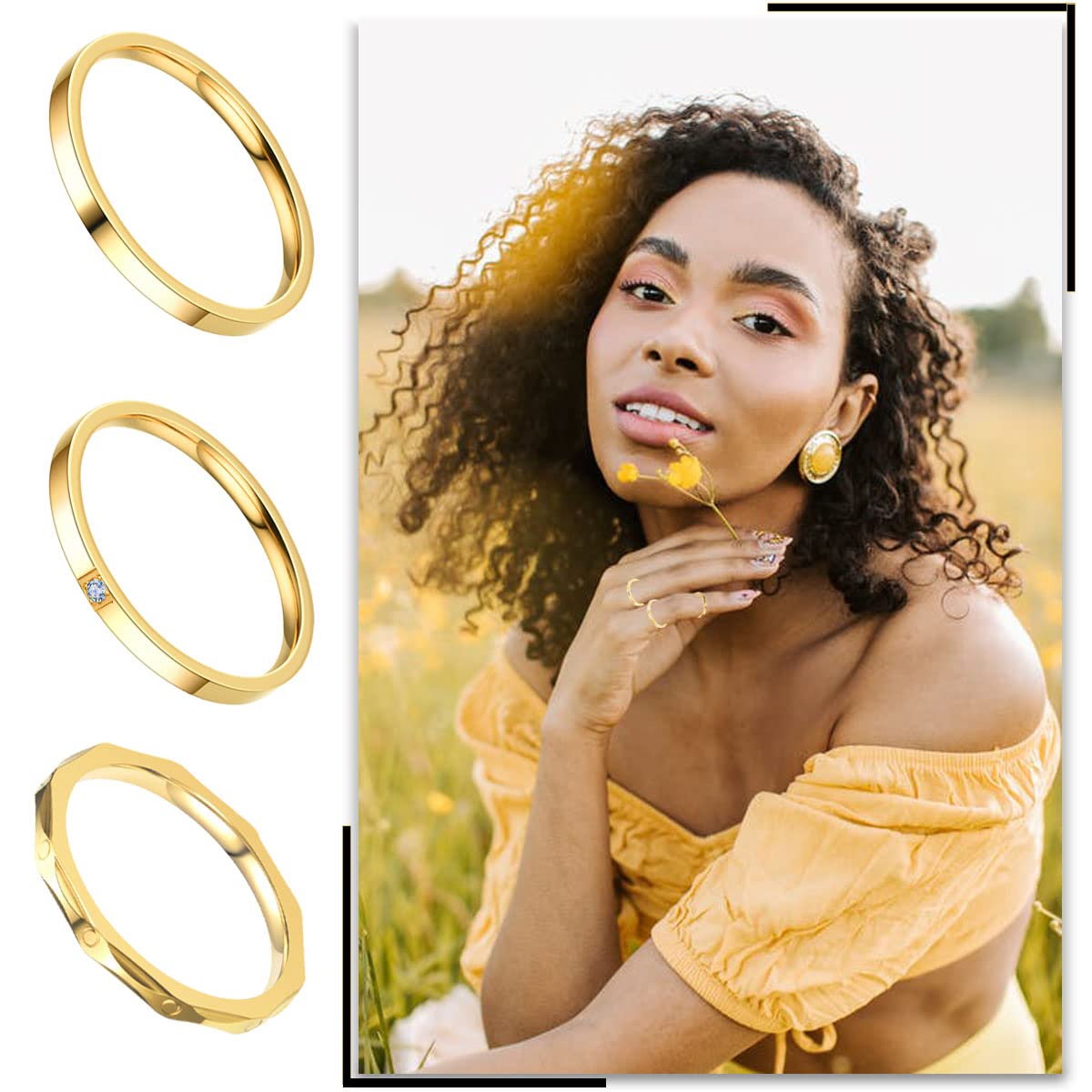Nanafast 3PCS Thin Stackable Rings Stainless Steel Ring for Women Simple Midi Rings Set Plain Ring for Couple Wedding Band Promise Ring Gold 10