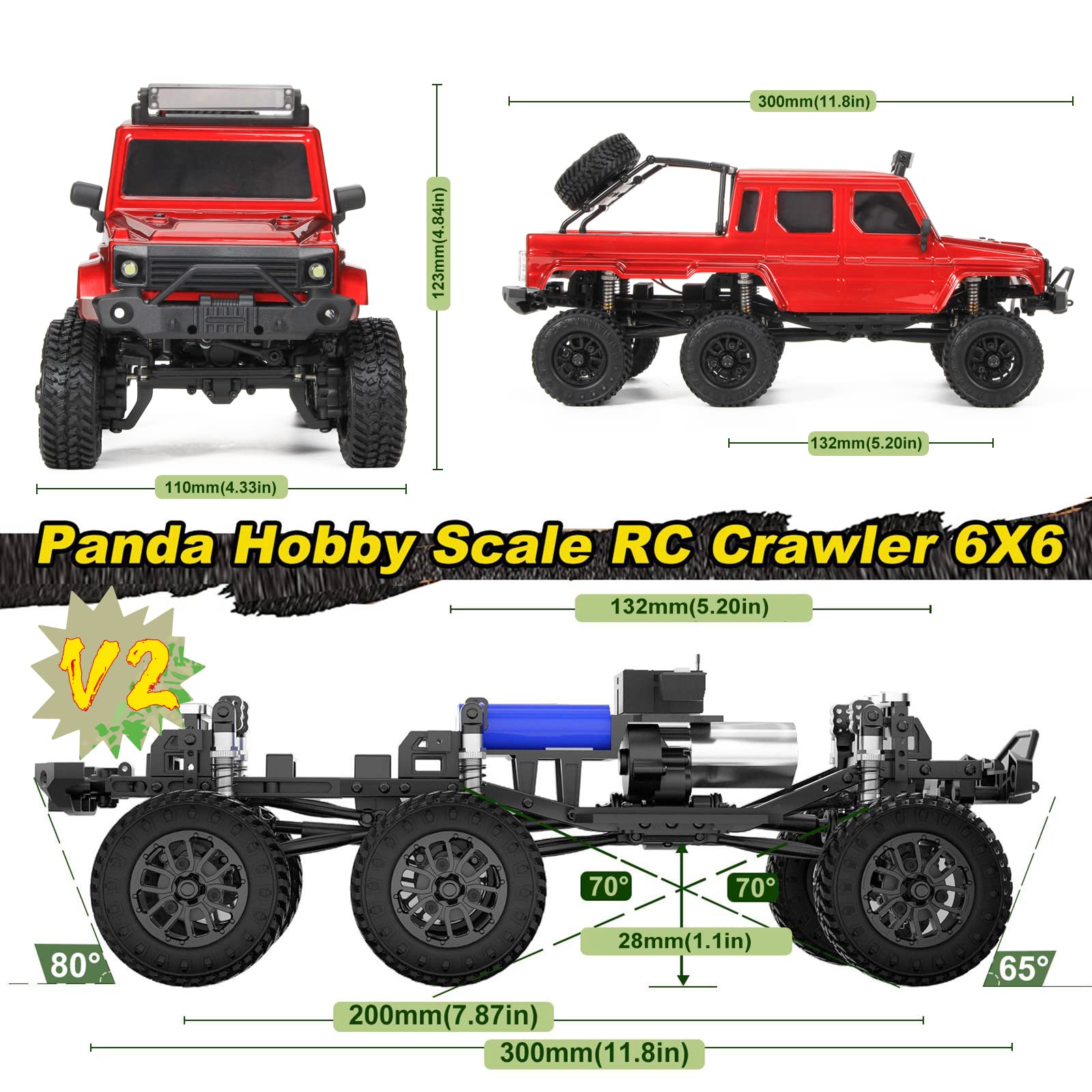 PANDA HOBBY Tetra24 X3 6X6 V2, 1/24 RC Rock Crawler 6WD Portal Axles & Electrified Magnetic Body Red