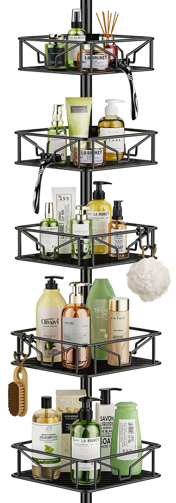 Skycarper 5 Tier Adjustable Corner Shower Caddy Organizer with Hooks,Rustproof Tension Pole 62-116 Inch, Black