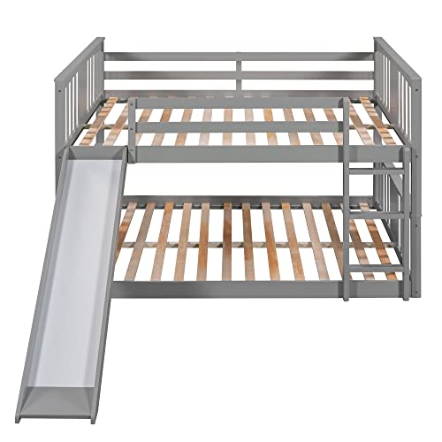 HBRR Full Over Full Bunk Beds with Slide for Kids, Low Profile Bunk Beds with Built-in Ladder, Space-Saving/No Box Spring Needed/Easy Assembly/Grey