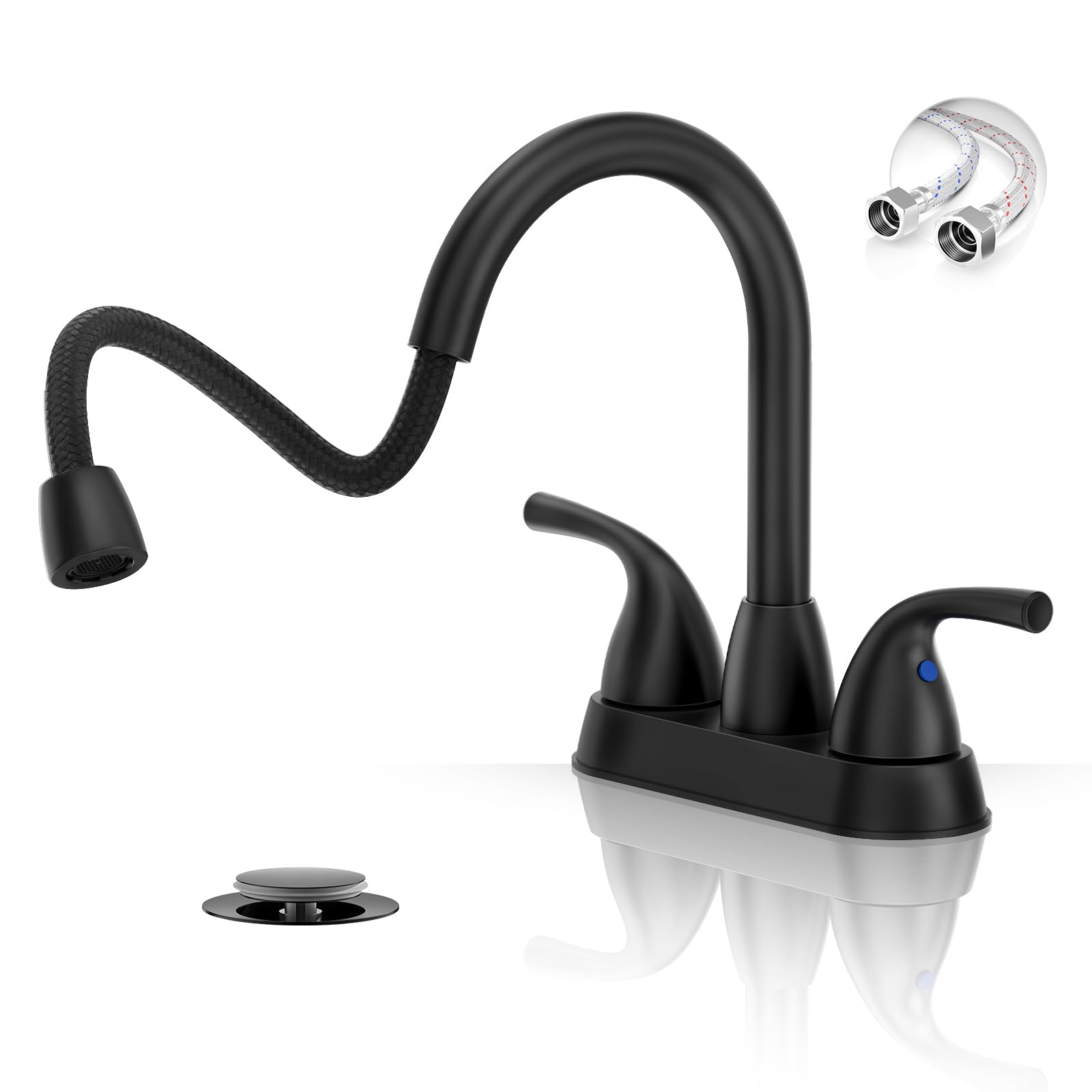 Phiestina Pull Down Sprayer Matte Black Bathroom Faucet,4 Inch Centerset 2 Handle Pull Out Bathroom Sink Faucet with 360 Swivel Spout,Metal Pop-Up Drain and Water Supply Lines,BF04007-B11-MB
