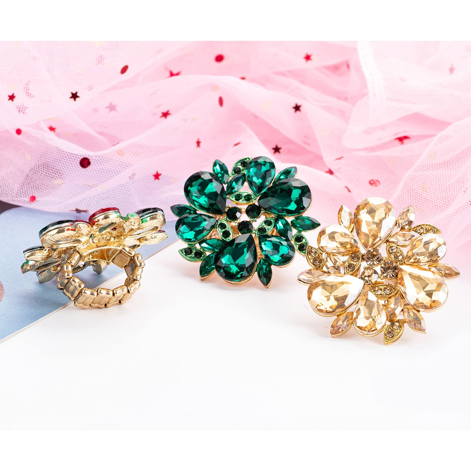 Liye Women's Dazzling Crystal Flower Stretch Cocktail Stunning Valentine's Day Crystal Pave Flower Stretch Cocktail Ring(Style2-Champagne)