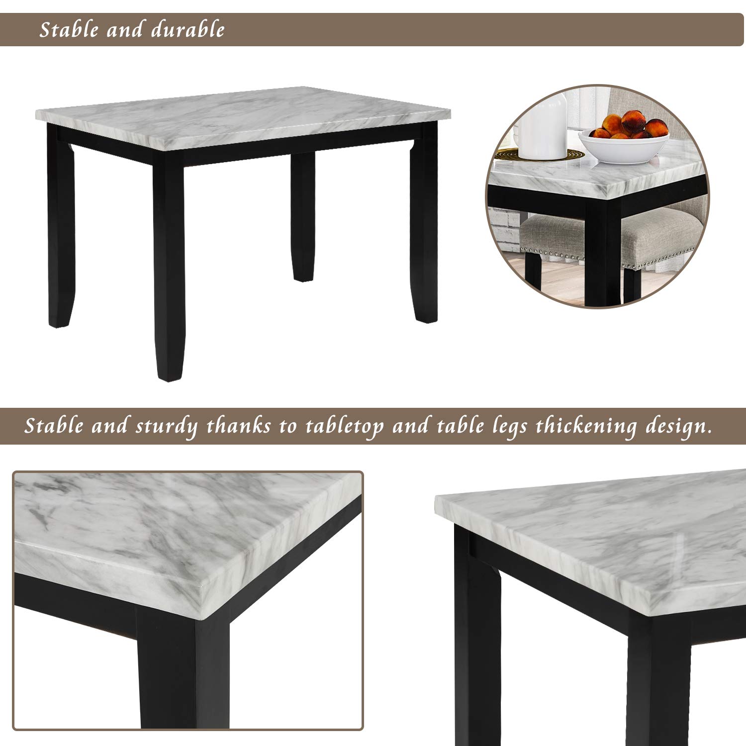 Merax 5 Piece Faux Marble Dining Table Set with 4 Thicken Cushion Chairs for Living Room, White+Beige