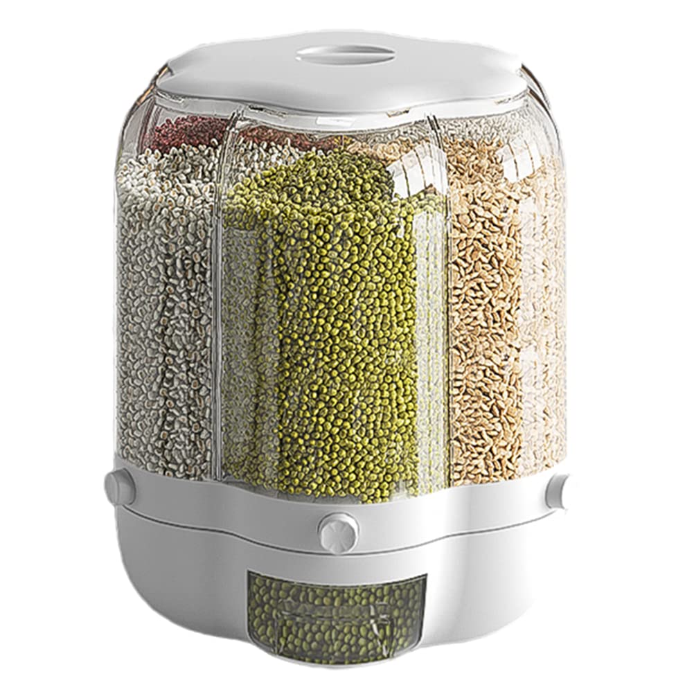 OHEPFD Food Grain Storage Container Large Capacity 6-Grid Rice Dispenser, 9L Rotatable Sealed Grain Storage Rice Bucket Kitchen Storage Box for Home Kitchen