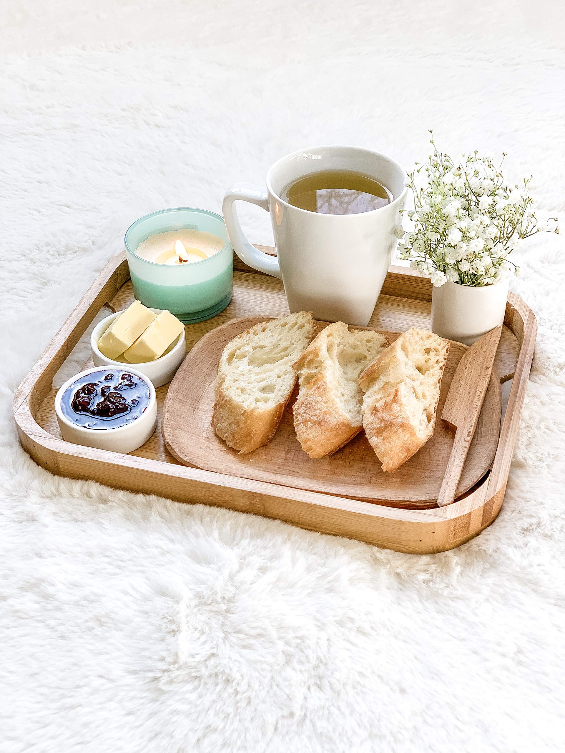 Kozy Kitchen Tea Serving Tray Handmade 100% Natural Bamboo Wood Finish