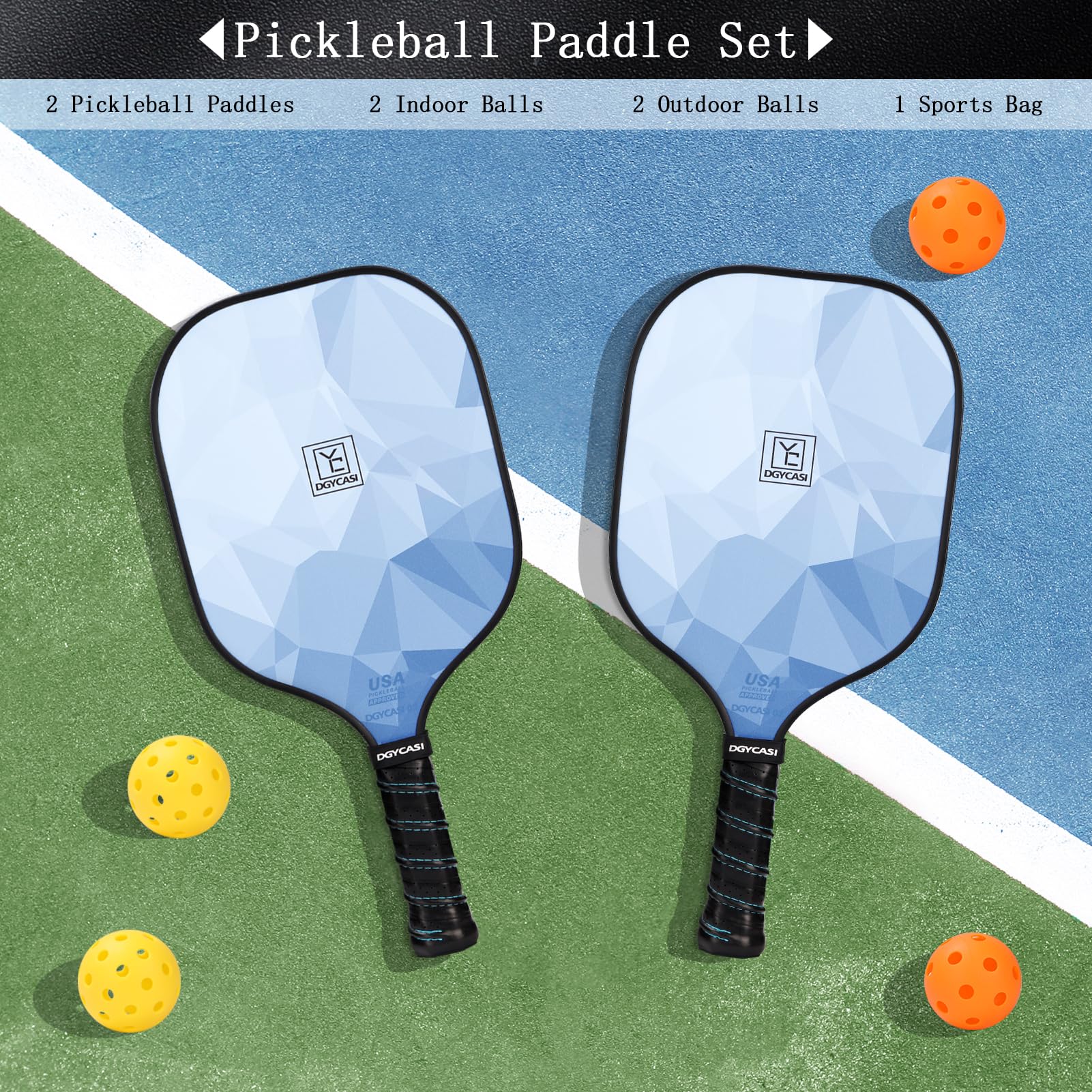 Pickleball Paddles Set of 2, 2024 USAPA Approved, Carbon Fiber Surface (CHS), Polypropylene Honeycomb Core, Anti-Slip Sweat-Absorbing Grip, 4 Pickleball, Portable Carry Bag (Blue)