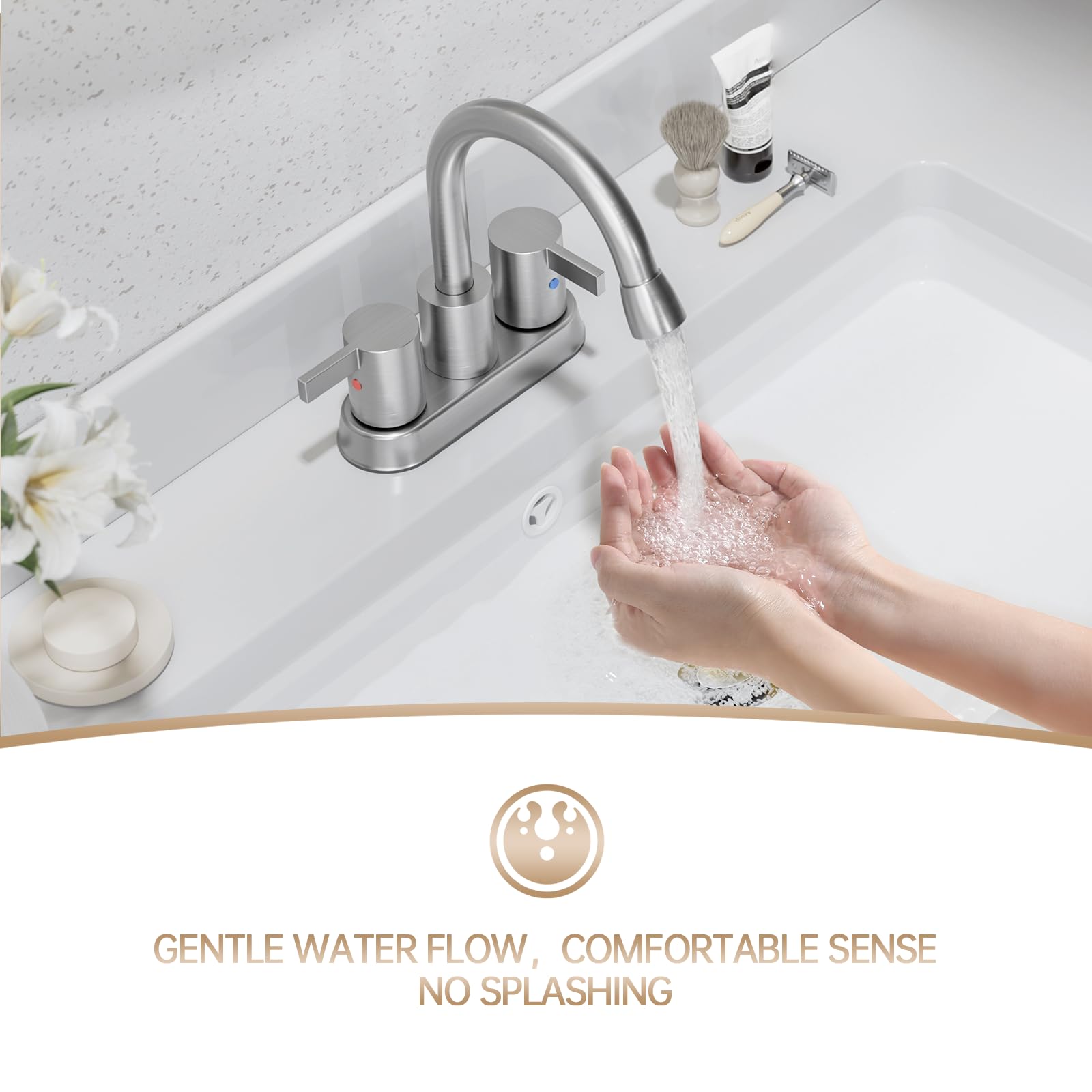 Phiestina Pull Down Sprayer Brushed Nickel Bathroom Faucet, 4 Inch 3 Hole Centerset Pull Out Bathroom Sink Faucet,with 360 Swivel Spout, Metal Pop-Up Drain & cUPC Water Supply Lines, BF04011-K01-GBN