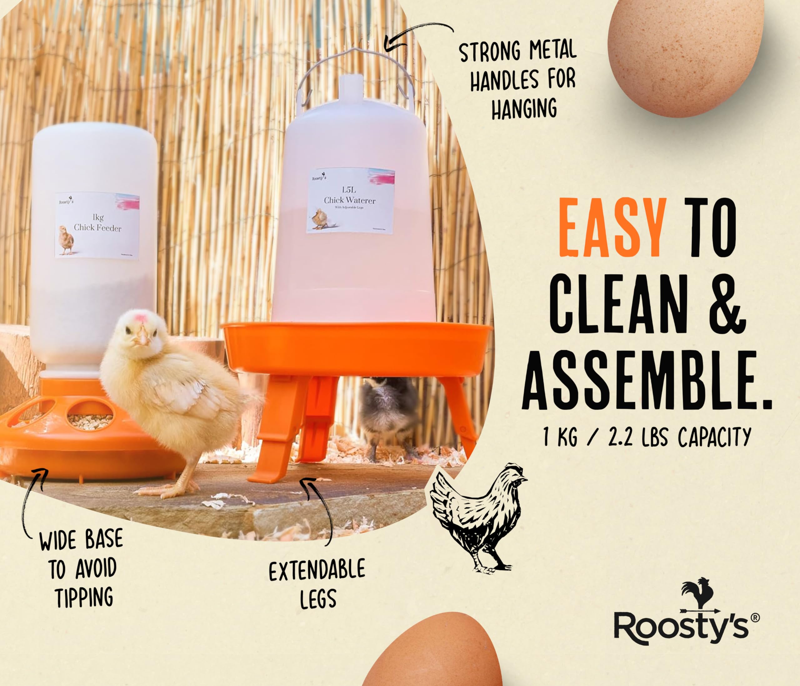Roosty's Chick Feeder and Waterer Kit - 1L Chick Feeder and 1.5L Chick Waterer | Chicken Feeder and Hanging Chicken Waterer | Duck Feeder, Quail Feeder, Chicken Starter Kit | Baby Chicken Supplies