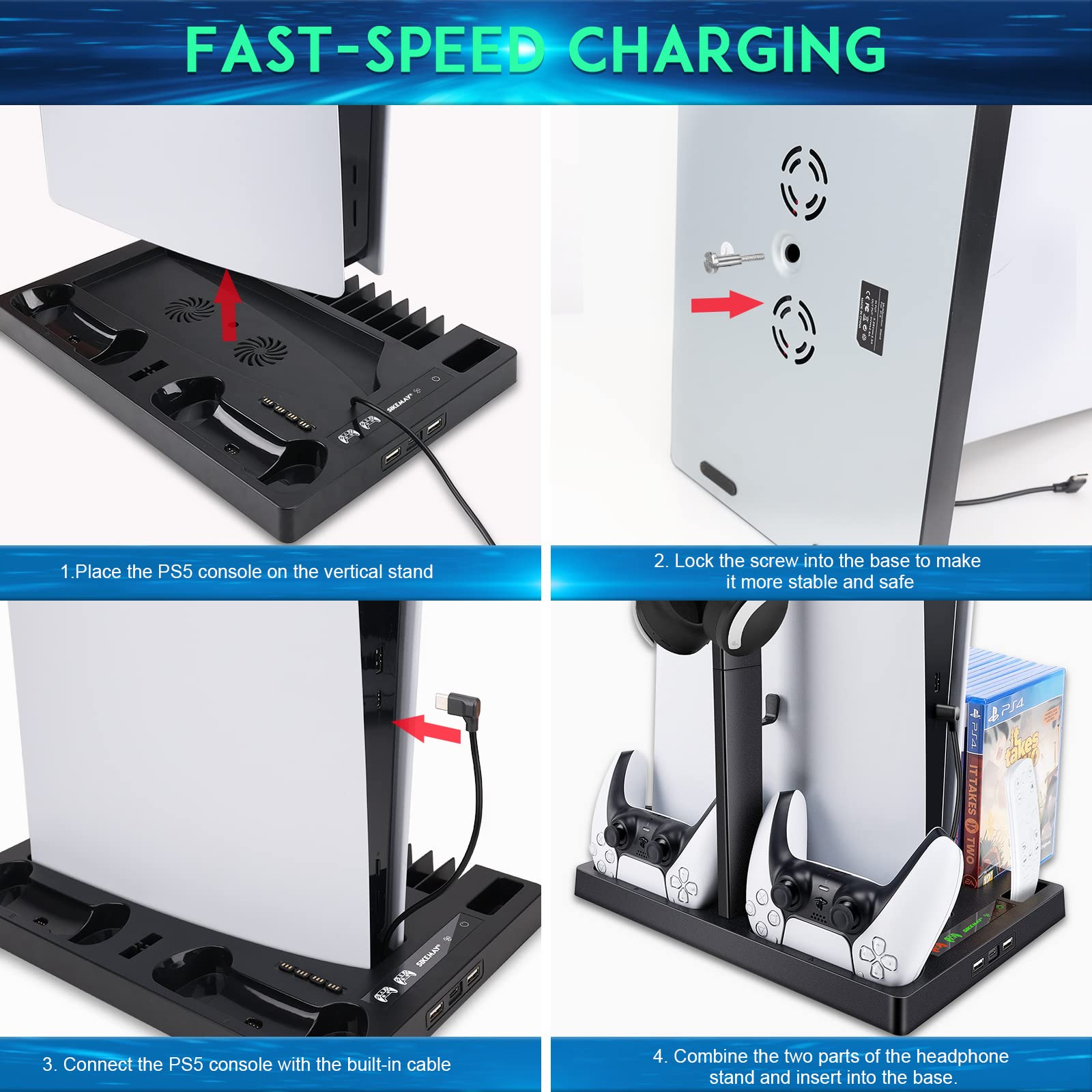 PS5 Slim Stand with Cooling Station&Controller Charging Station, SIKEMAY PS5 Slim Vertical Stand or PS5 Slim Console with Headset Holder