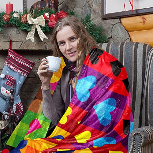 Plush Blanket Throw Blanket Warm Cozy Soft Microfiber Blankets, Colorful Checkered Heart Kawaii