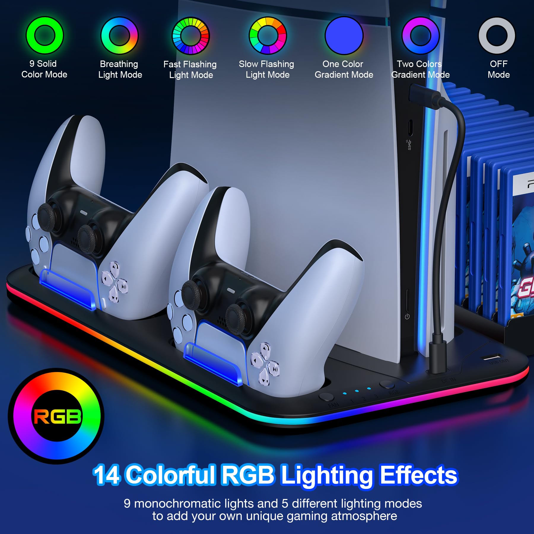 PS5 Slim Stand Cooling Station for Playstation 5 Slim Console Disc/Digital,PS5 Accessories Cooling Stand with 3-Level Cooler Fan,Dual PS5 Controller Charger,RGB Light,Headset Holder,15 Game Slot-Black