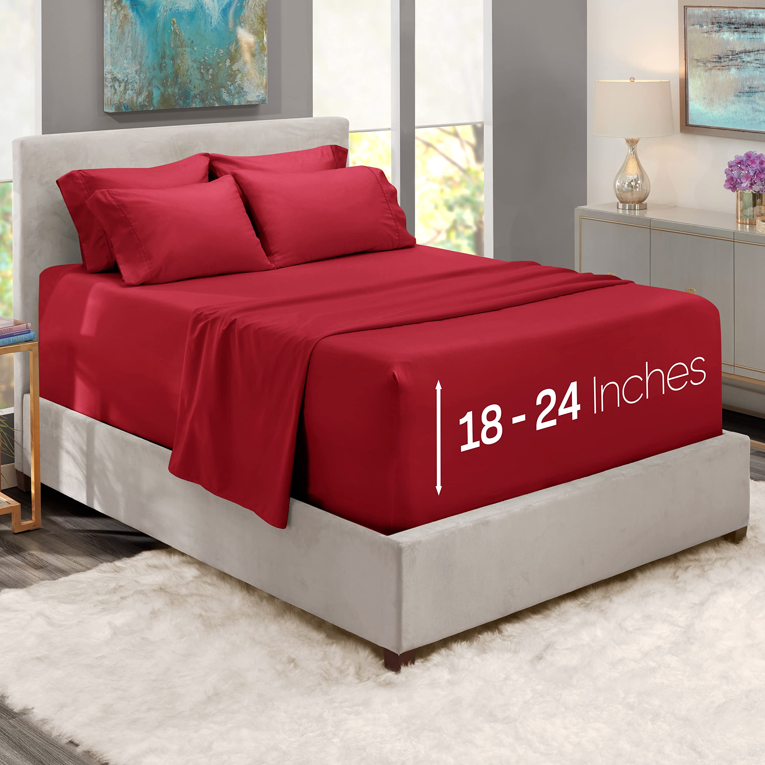 Hearth & Harbor Extra Deep Pocket Queen Sheets Sets - Fits Mattress 18-24 Inches Deep - Extra Deep Pocket Sheets - 6 Piece Queen Size Sheets - Queen Sheets Deep Pocket - Burgundy Sheets