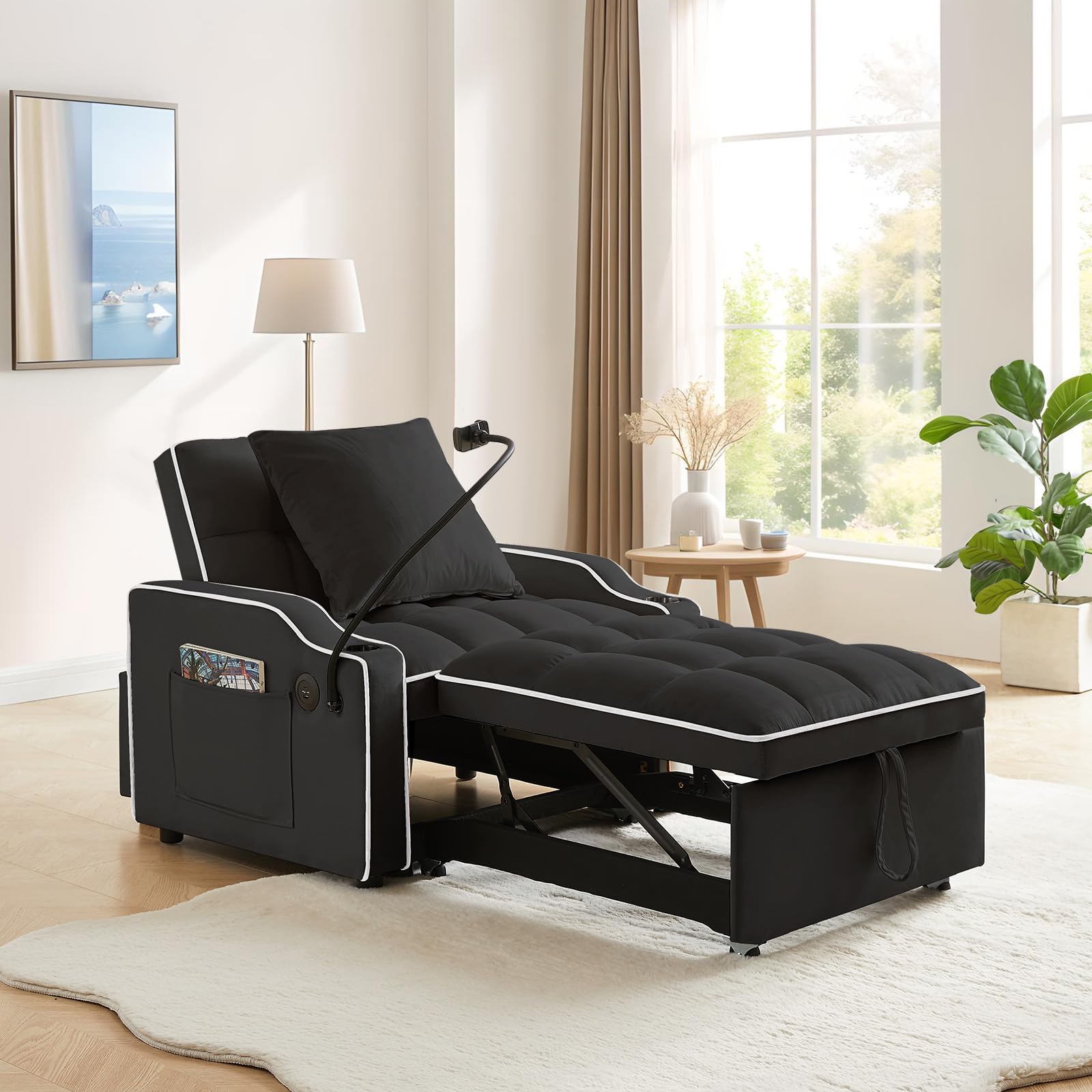Sleeper Chair Bed,3 in 1 Velvet Convertible Single Pull Out Couch Bed with Phone Holder&USB/Type C Ports,Adjustable Backrest Chaise Lounge Armchair Sofa Bed for Living Room,Office,Small Places(Black)