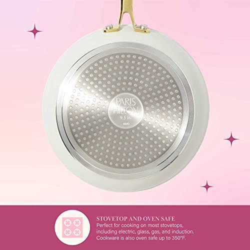 Paris Hilton Iconic Nonstick Pots and Pans Set, Multi-layer Nonstick Coating, Matching Lids With Gold Handles, Made without PFOA, Dishwasher Safe Cookware Set, 10-Piece, Cream