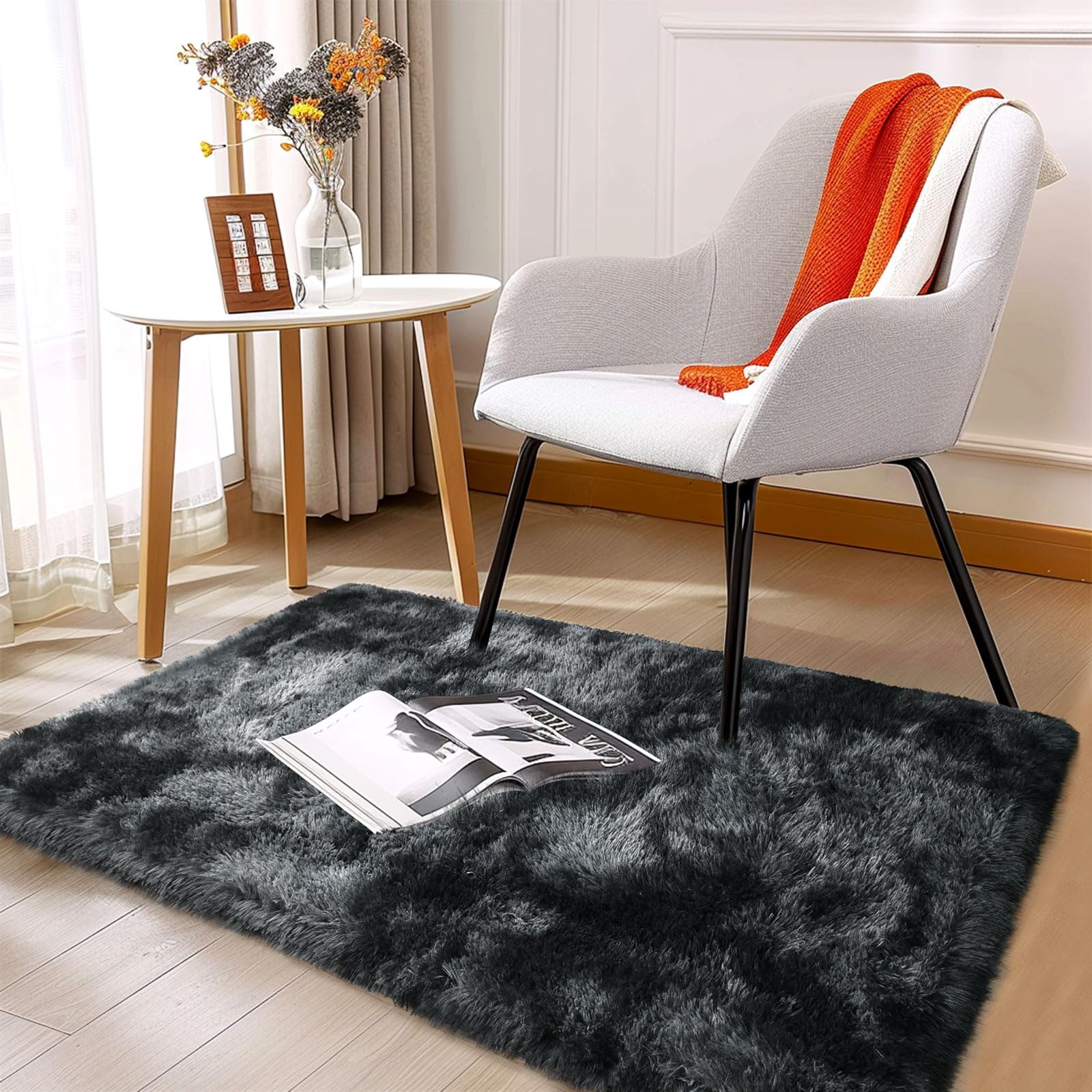 Shaggy Soft Fluffy Rug Non-Slip Indoor Floor Carpet for Living Room Anti-Skid Indoor Carpet Tie-Dyed Black Grey 2x3 Feet
