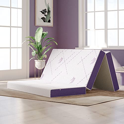 TeQsli Folding Mattress Twin Size, 4-Inch Foldable Mattress, Tri-Fold Gel Memory Foam Mattress with Washable Cover, Portable Mattress for Traveling, Camping, Guest Bed