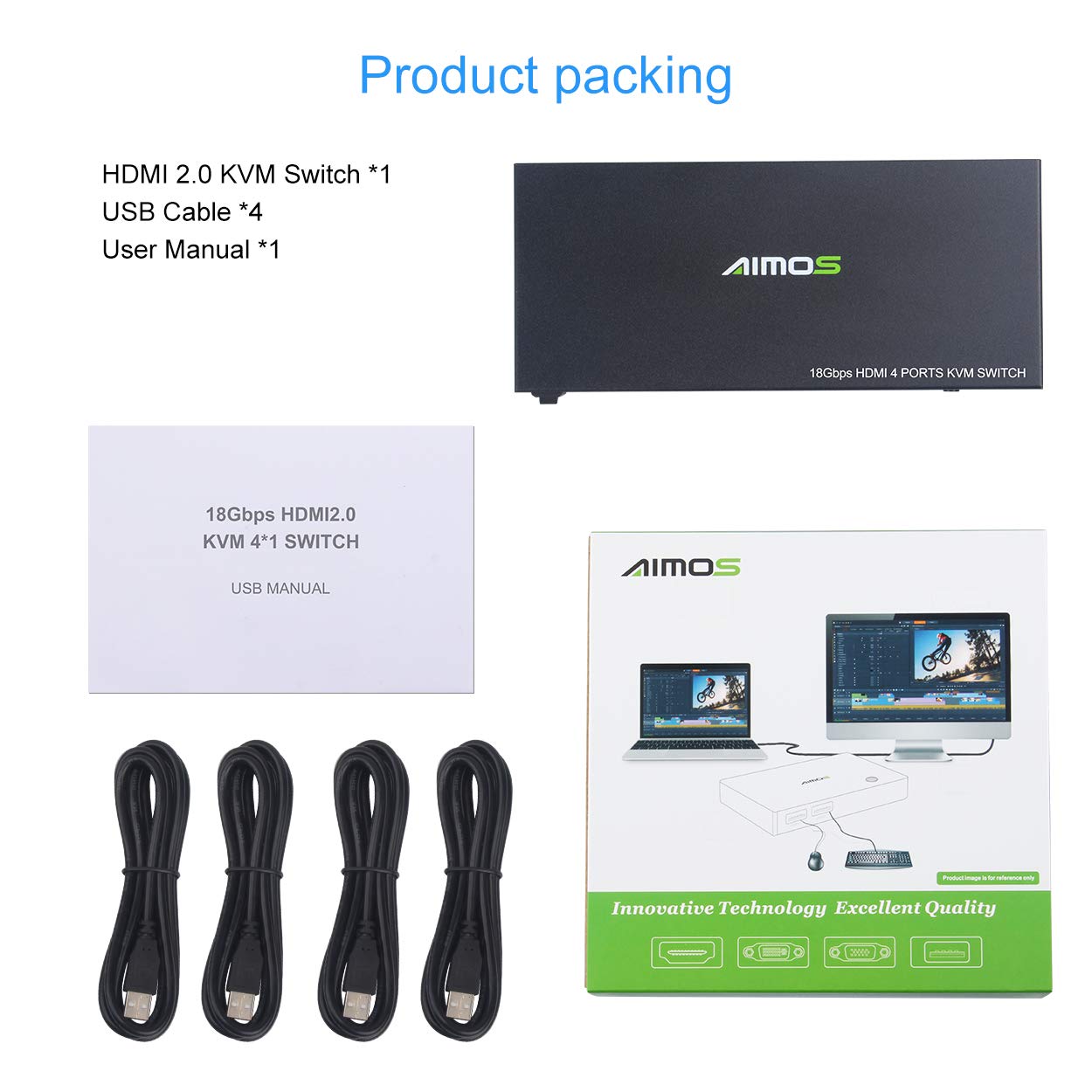 KVM Switch HDMI 4 Port Box, AIMOS HDMI 2.0 KVM Switcher Support Wireless Keyboard and Mouse Connections and with USB Hub Port, UHD 4K@60Hz & 3D & 1080P Supported